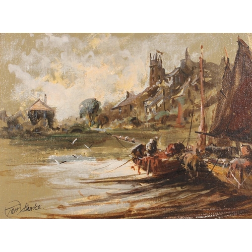 TERRY BURKE, coastal town scene with fishing boats, oil painting on ...