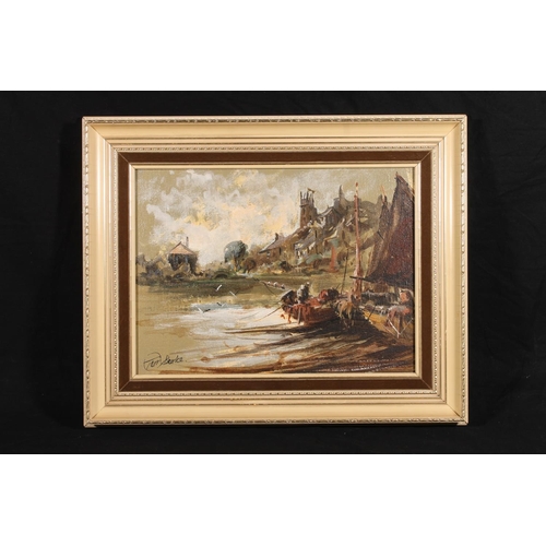 TERRY BURKE, coastal town scene with fishing boats, oil painting on ...