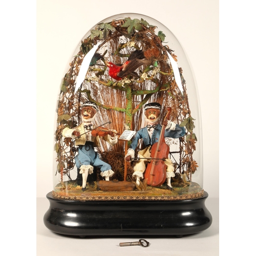 Antique musical automaton under a glass dome, two monkey musicians, a ...
