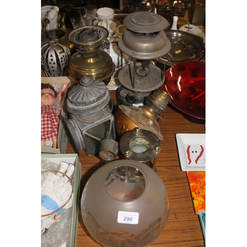 Brass paraffin lamp with glass shade, etc.