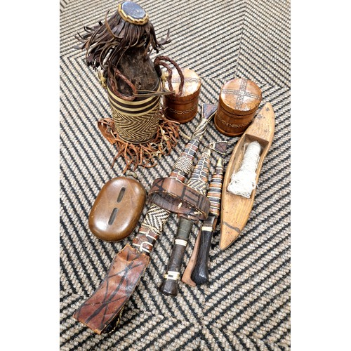 Box of assorted African tribal items to include reproduction daggers ...