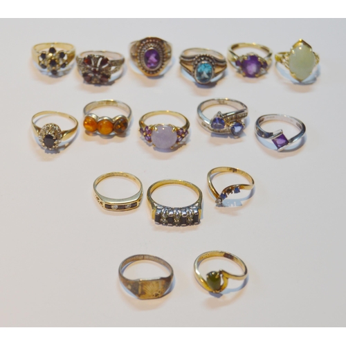 Five gold gem rings, 9ct and 14ct gold, 16g gross, and various rings in ...