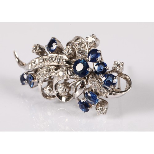 14K white gold brooch set with diamonds and sapphires, 12.8g