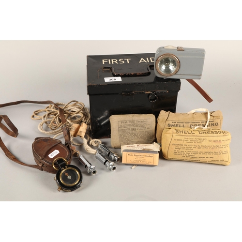WWI First Aid box with assorted contents including compass