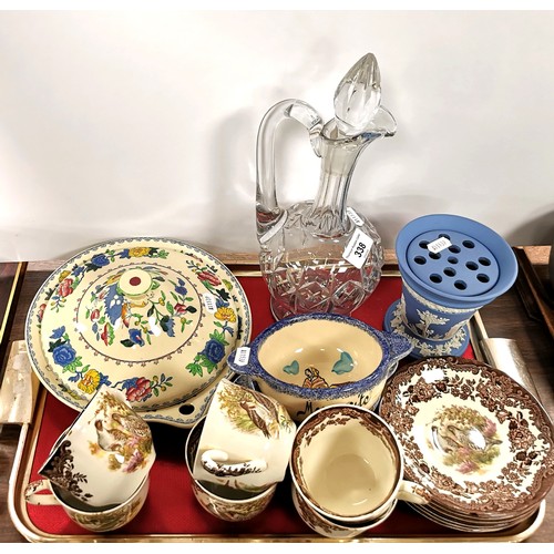 Cut glass claret jug , Royal Worcester Palissy pattern cups and saucers ...
