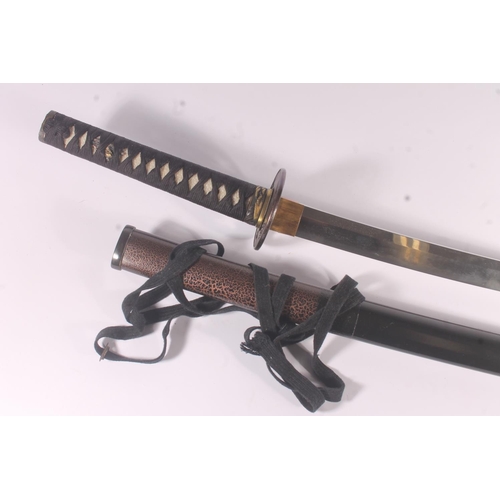 Japanese katana style sword, the shagreen grip lashed with cord, bronze ...