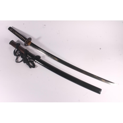 Japanese katana style sword, the shagreen grip lashed with cord, bronze ...