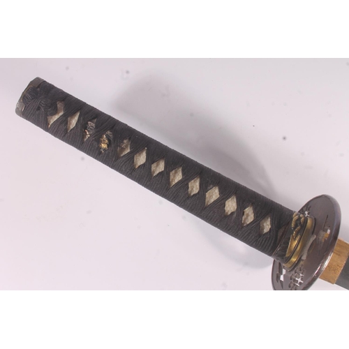 Japanese katana style sword, the shagreen grip lashed with cord, bronze ...