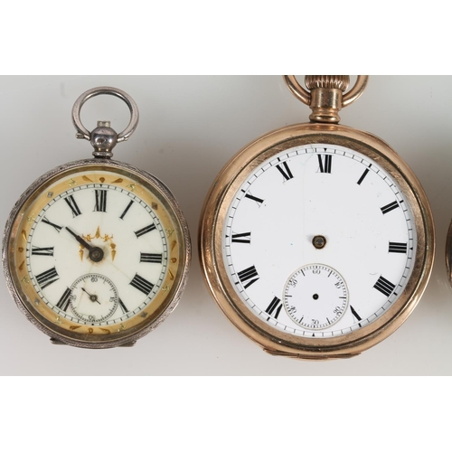 Gold plated open faced pocket watch and three silver open faced pocket ...