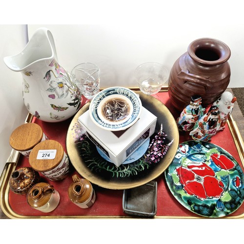 Portmerion jug, two Dunoon pottery storage jars, three Chinese figures etc.