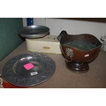 Set of Harper kitchen scales, copper and brass lion handled jardinière ...