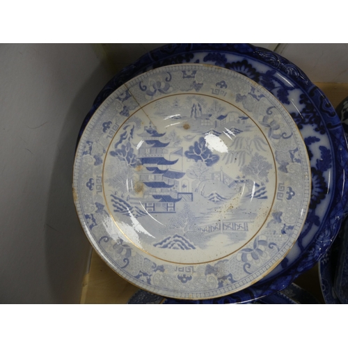 Collection of blue and white ceramics to include a Victorian ashet ...