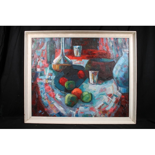 NIGEL JONES, still life tabletop with fruit, oil painting on canvas ...