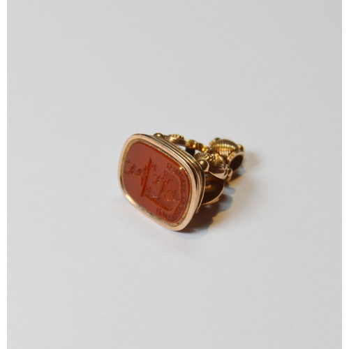 Victorian yellow metal carnelian fob seal with crested matrix ...