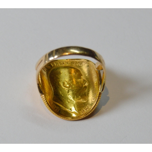 Edward VII full sovereign ring, bent to shape, 1902, on 9ct gold shank ...