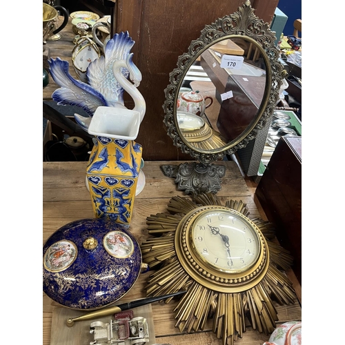 Smiths Sectric sunburst wall clock, a bass easel mirror, a Jema of ...