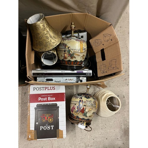 Oriental table lamps, DVD player and a diecast carriage post box