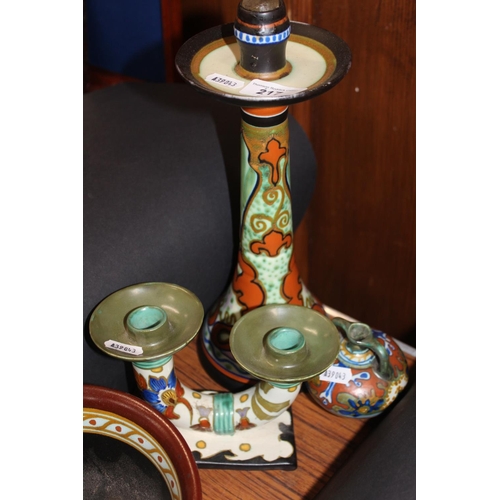 Gouda of Holland pottery candlestick, three similar pieces, a Mull ...