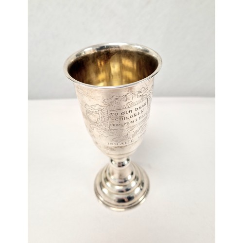 White metal goblet marked 800 to base rim, engraved 'To Our Dear ...