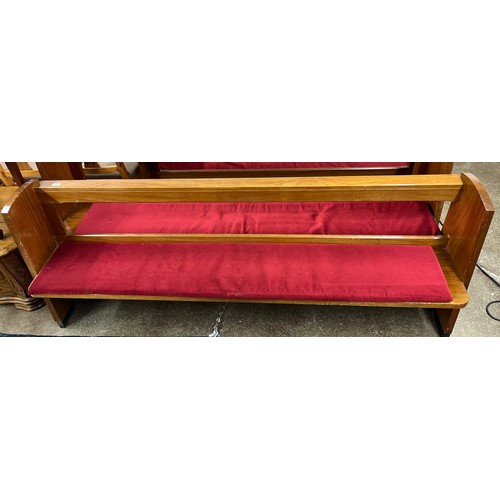 Pine church pew with red cushion, length 204cm