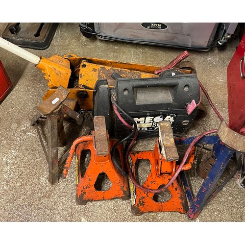 Four axle stands, trolley jack and car booster pack