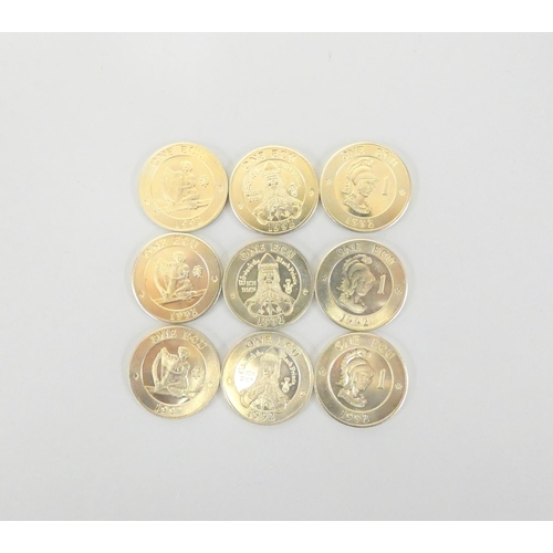 Nine 1992 1 ECU coins: comprising of three Wales examples, three ...