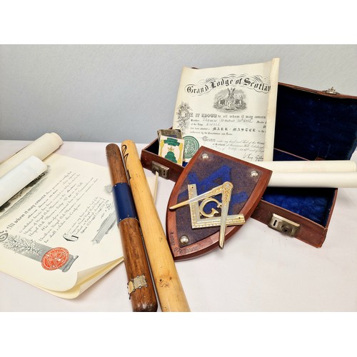 Masonic ephemera to include two wooden sticks one inscribed 'DARVEL ...