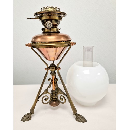 W.A.S Benson style Art Nouveau brass and copper oil lamp, with hinks ...