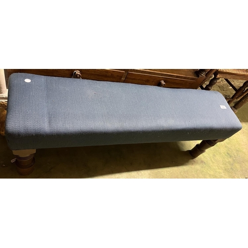 Blue tapestry upholstered fender stool, raised on turned supports ...