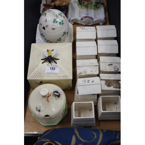 Belleek honey jar in the form of a beehive, a Crown Devon box and cover ...