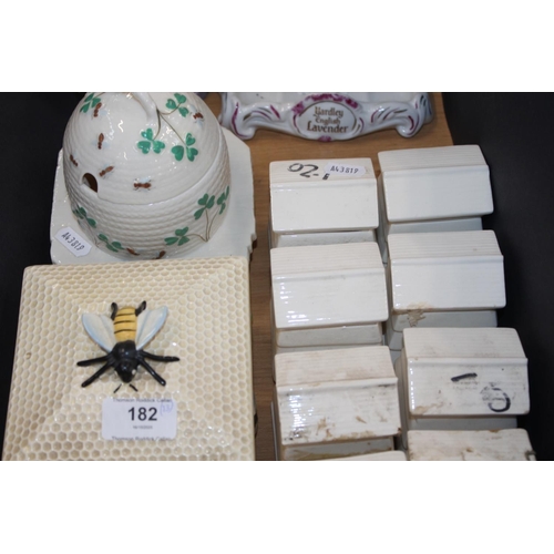 Belleek honey jar in the form of a beehive, a Crown Devon box and cover ...