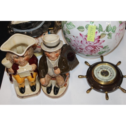 Collection of character jugs, table barometer, Italian vase, ETC.