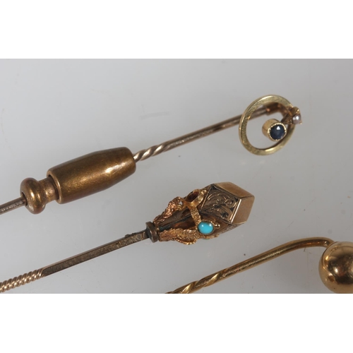 18ct yellow gold stick pin, 2g, 9ct gold stick pin and another, an opal ...