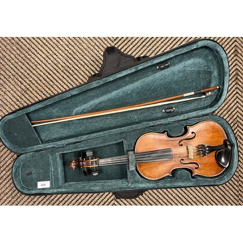 Violin and bow, cased. label inside reads 'Repaired by Jos. Millar 1913 ...