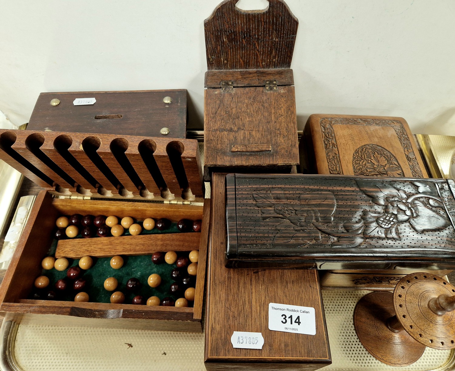 Treen money box in the form of a stool with brass mounts, other wooden ...