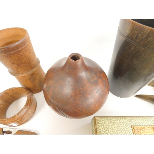 Mixed lot to include an antique horn drinking cup, a dried gourd flask, Thornton draft set, carving