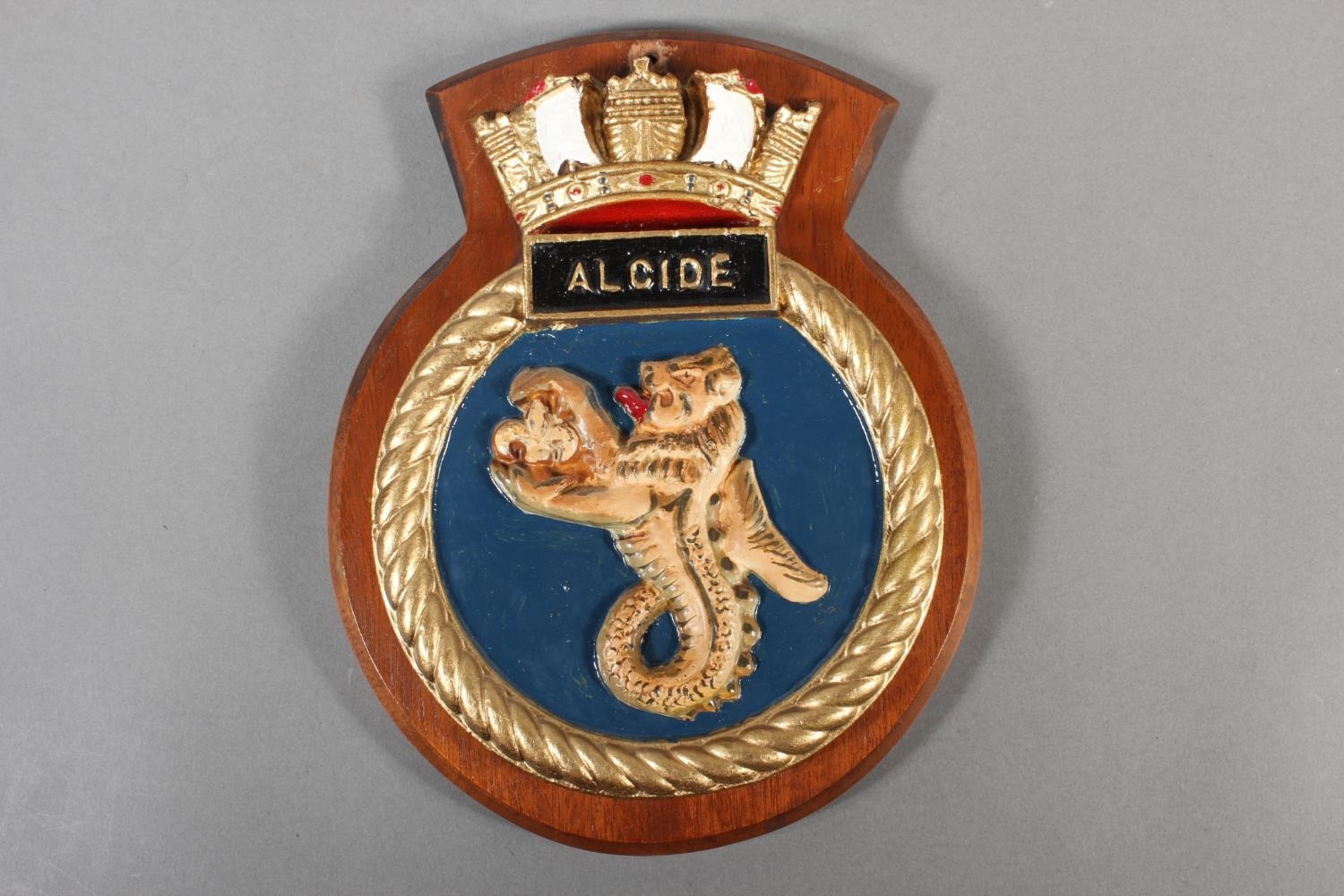 HMS Alcide cold painted cast metal submarine crest badge mounted on ...