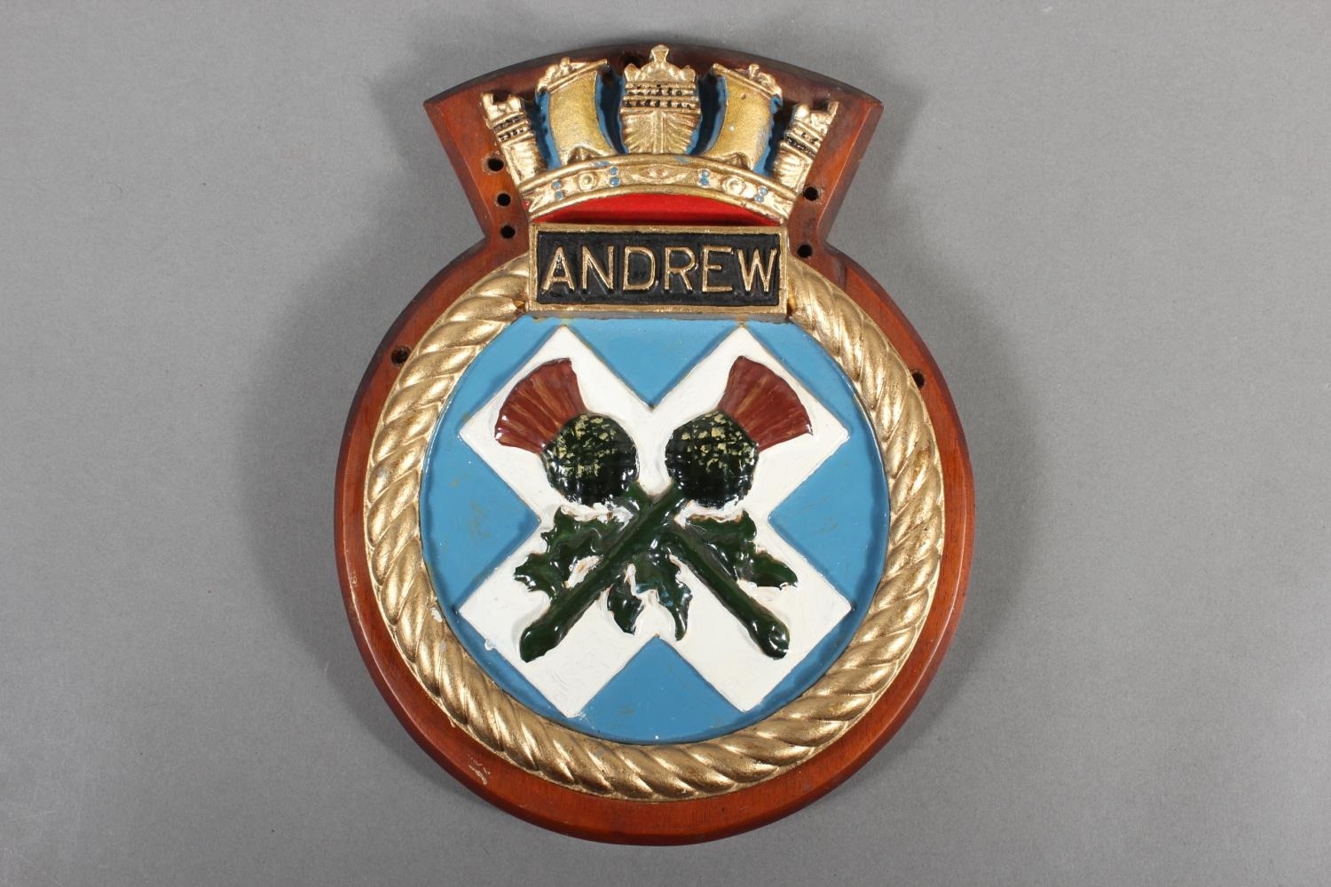 HMS Andrew cold painted cast metal submarine crest badge mounted on ...