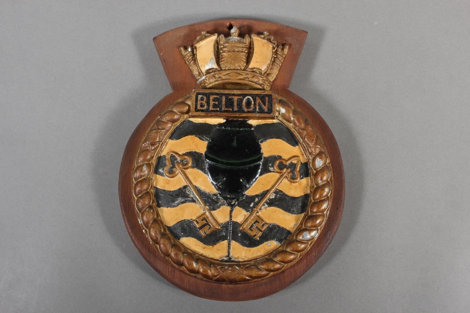 HMS Belton cold painted cast metal ships crest badge mounted on ...