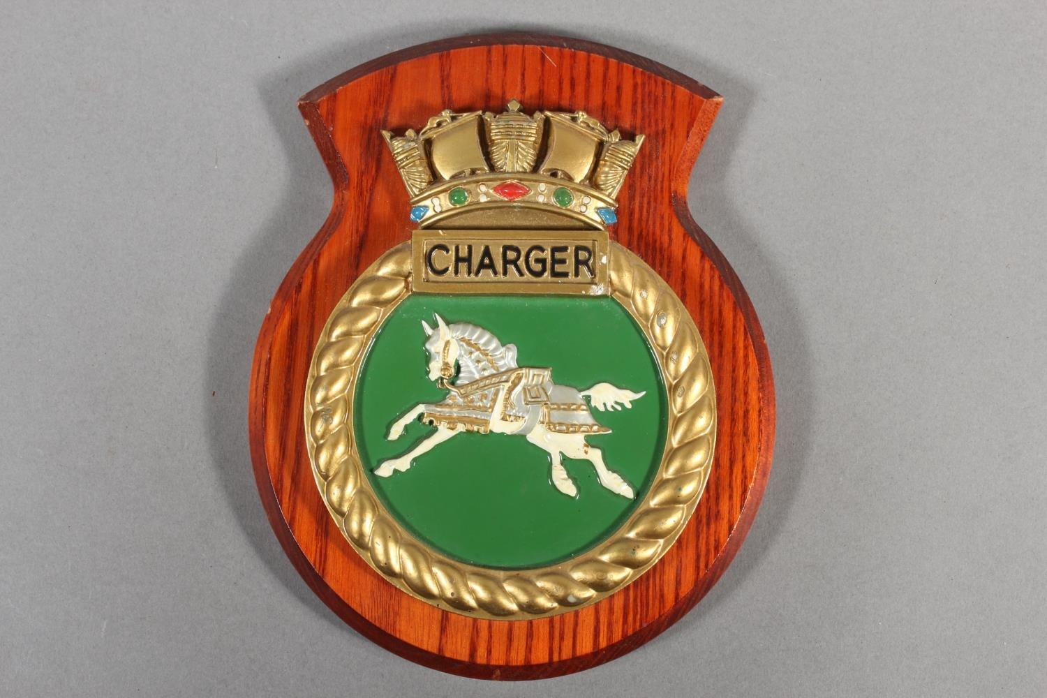 HMS Charger cold painted ships crest badge mounted on wooden plaque, 19 ...
