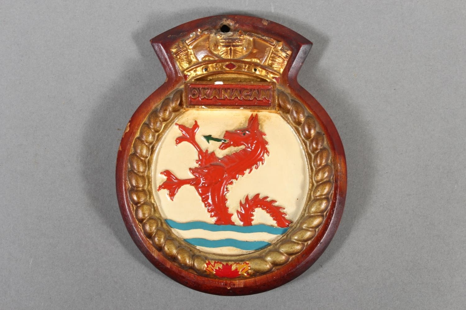 HMCS Okanagan painted submarine crest badge mounted on mahogany plaque ...