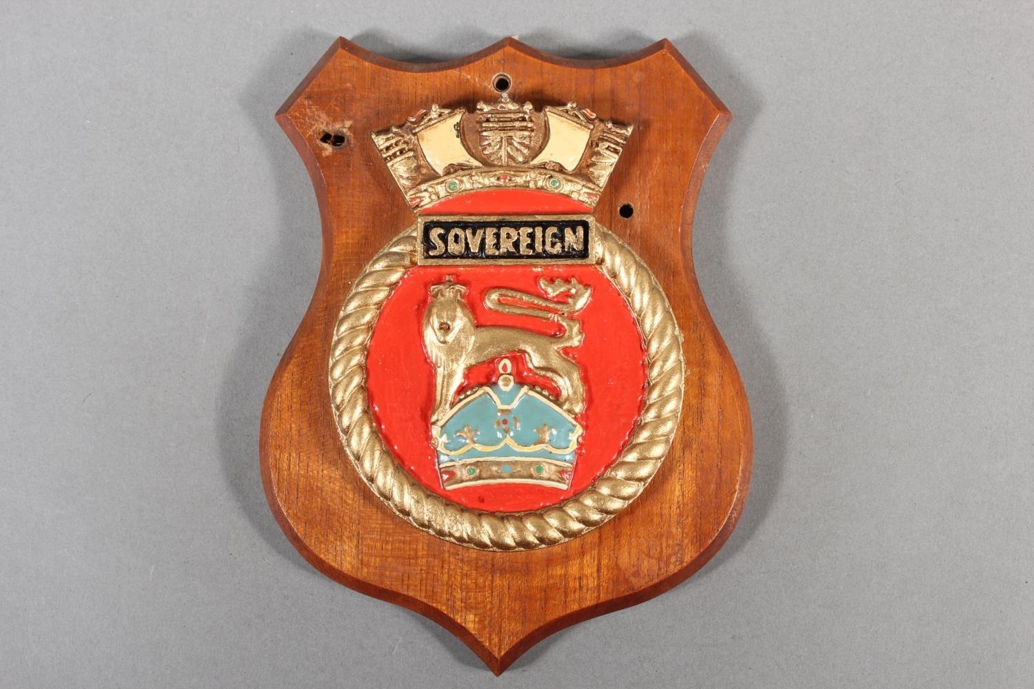 HMS Sovereign painted submarine crest badge mounted on wooden plaque ...