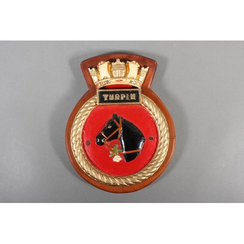 HMS Turpin cold painted cast metal submarine crest badge mounted on ...