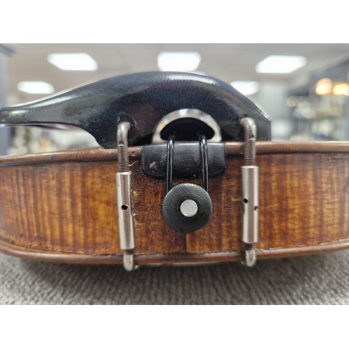 Violin and bow, cased. label inside reads 'Repaired by Jos. Millar 1913 ...