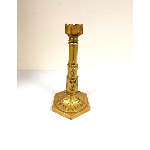 Victorian Gothic revival gilt brass lamp base having moulded acorn and ...