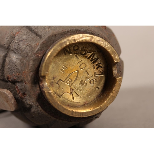 British "Mills Bomb" type No5 grenade shell, the base plug marked 'No5 ...