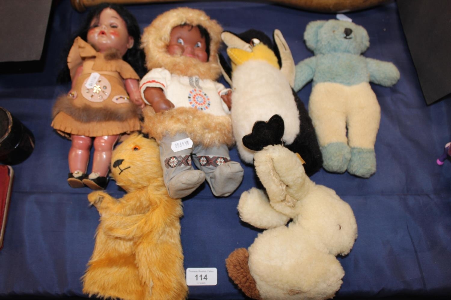 Merrythought penguin model, a hand puppet, dolls etc.
