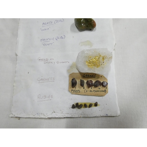 Mineral specimens. Box to include raw garnets, gold on quartz matrix ...
