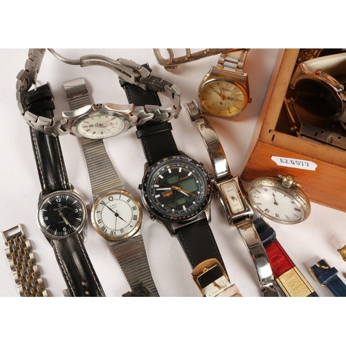 Box of assorted wristwatches and pocket watches.
