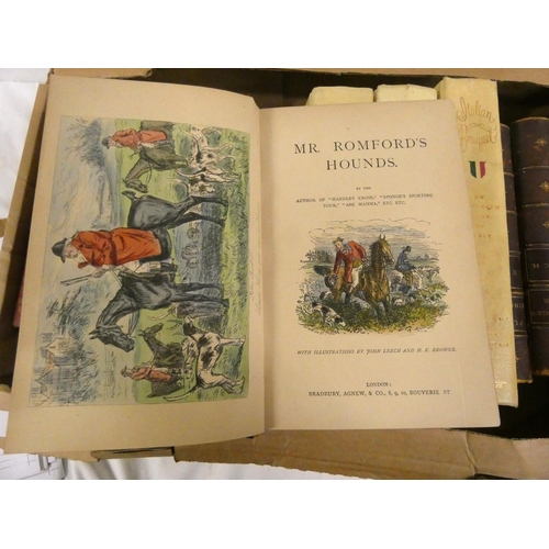 Box of various books to include set of six leather bound John Leitch ...